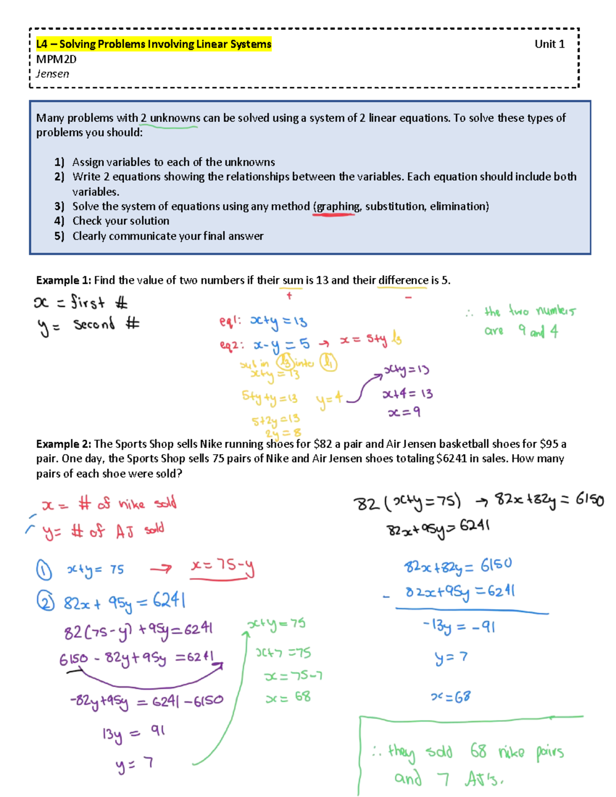 MPM2D Unit 1: Applications of Linear Systems in Problem Solving - Studocu