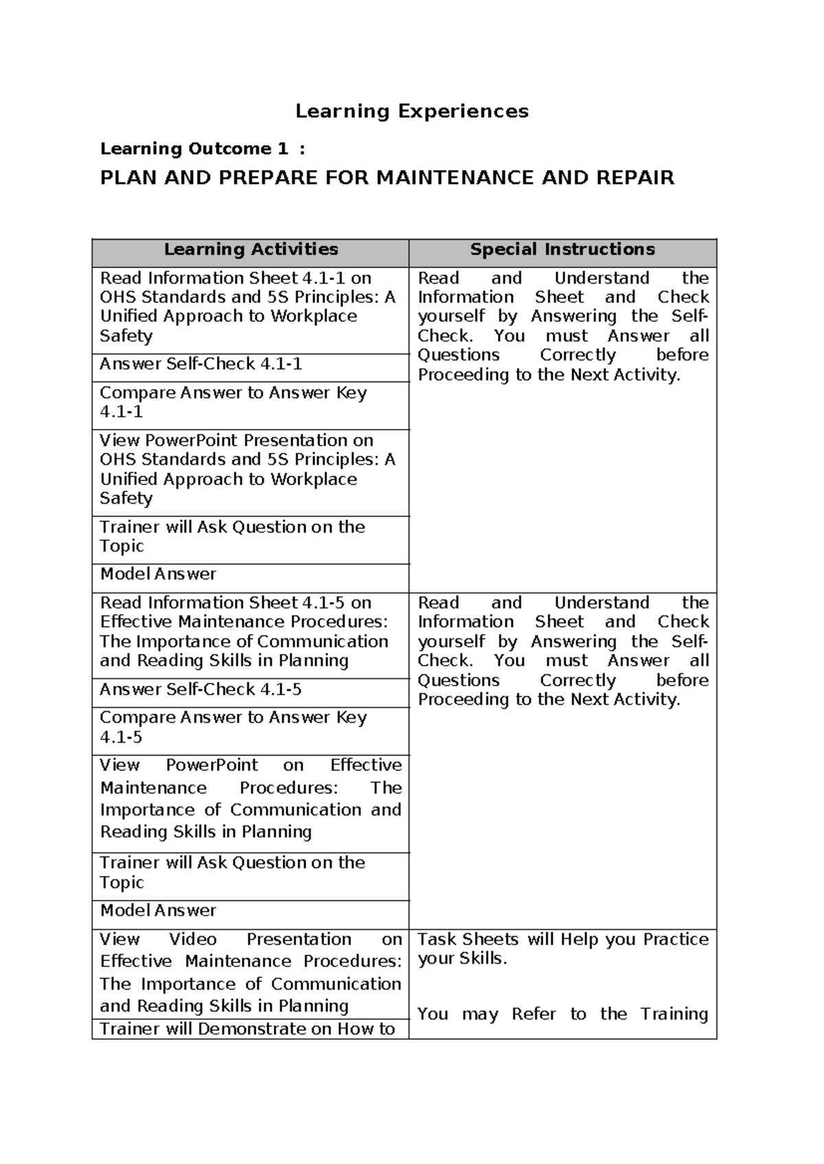OHS Standards & 5S Principles: Maintenance & Repair Learning Activities ...