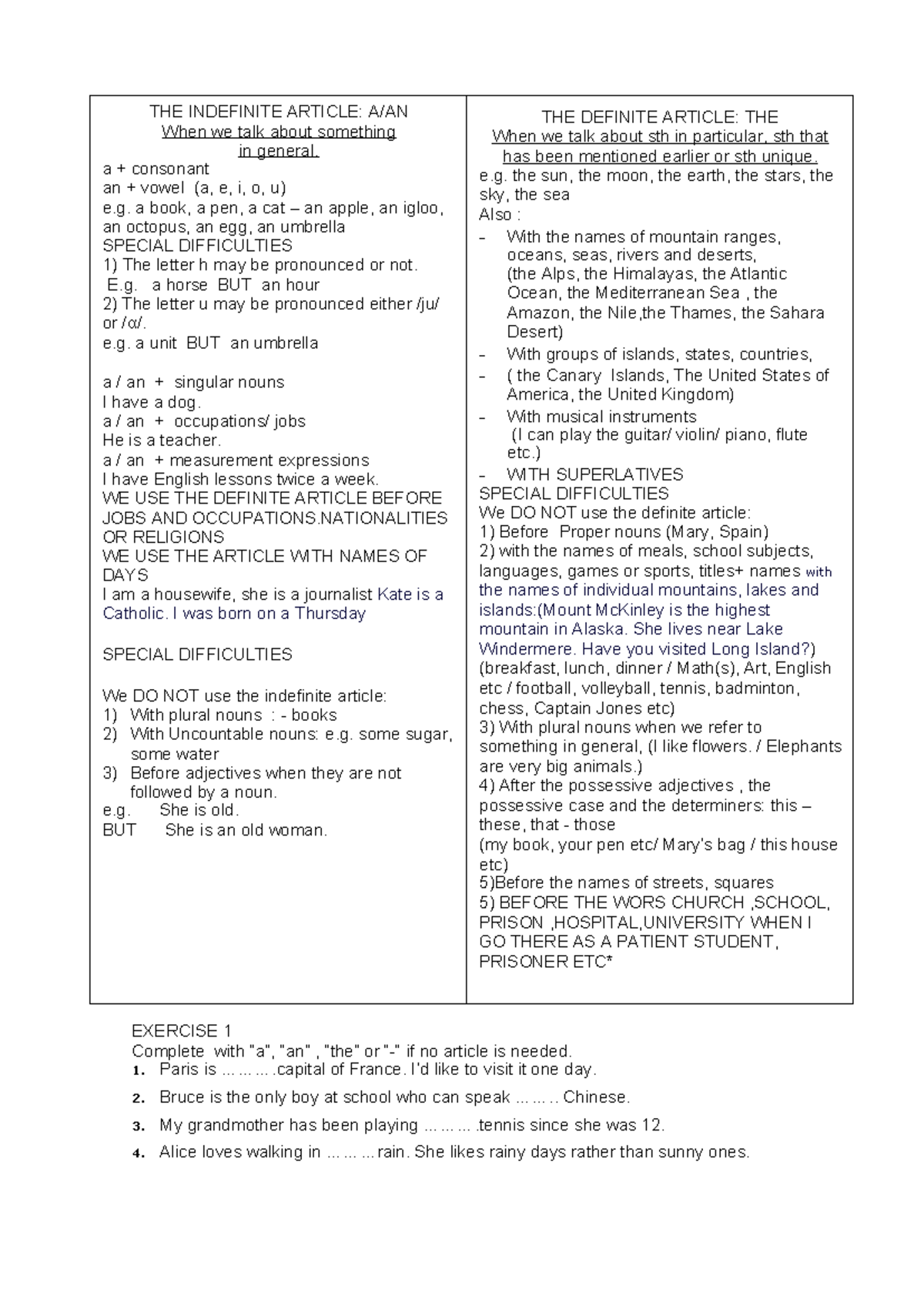 Indefinite and Definite Articles Notes (ENG 101) - Studocu