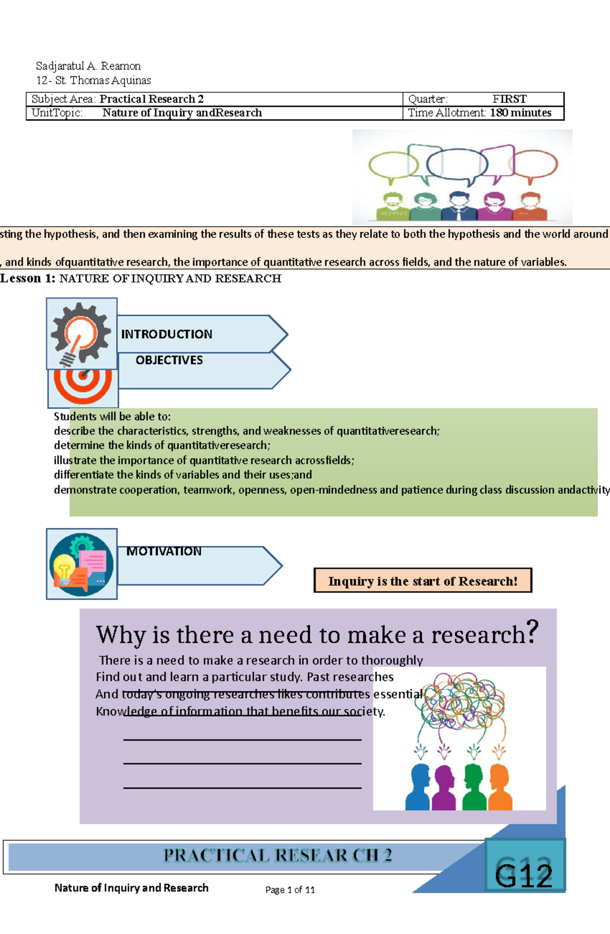Lesson 1, Practical Research 2 - esting the hypothesis, and then ...