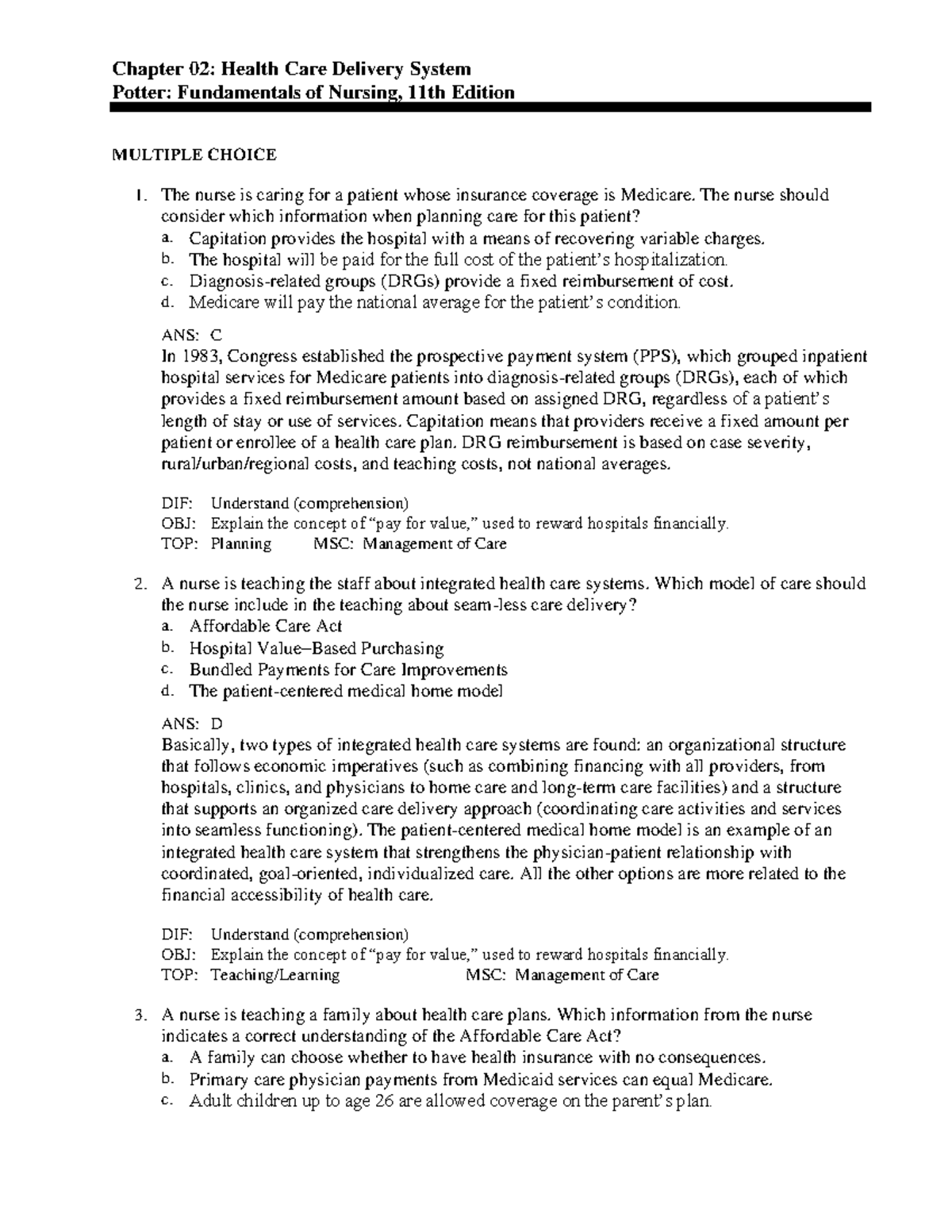 02 - Health Care Delivery System Practice Questions - Studocu