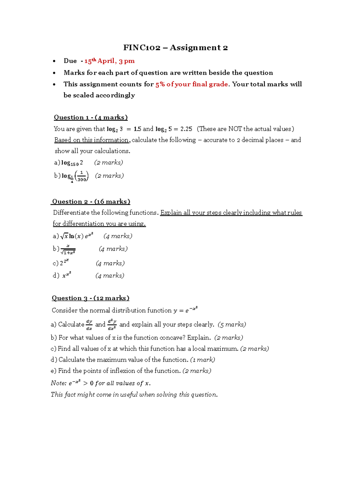 FINC102 Assignment 2: Detailed Questions & Calculations - Studocu