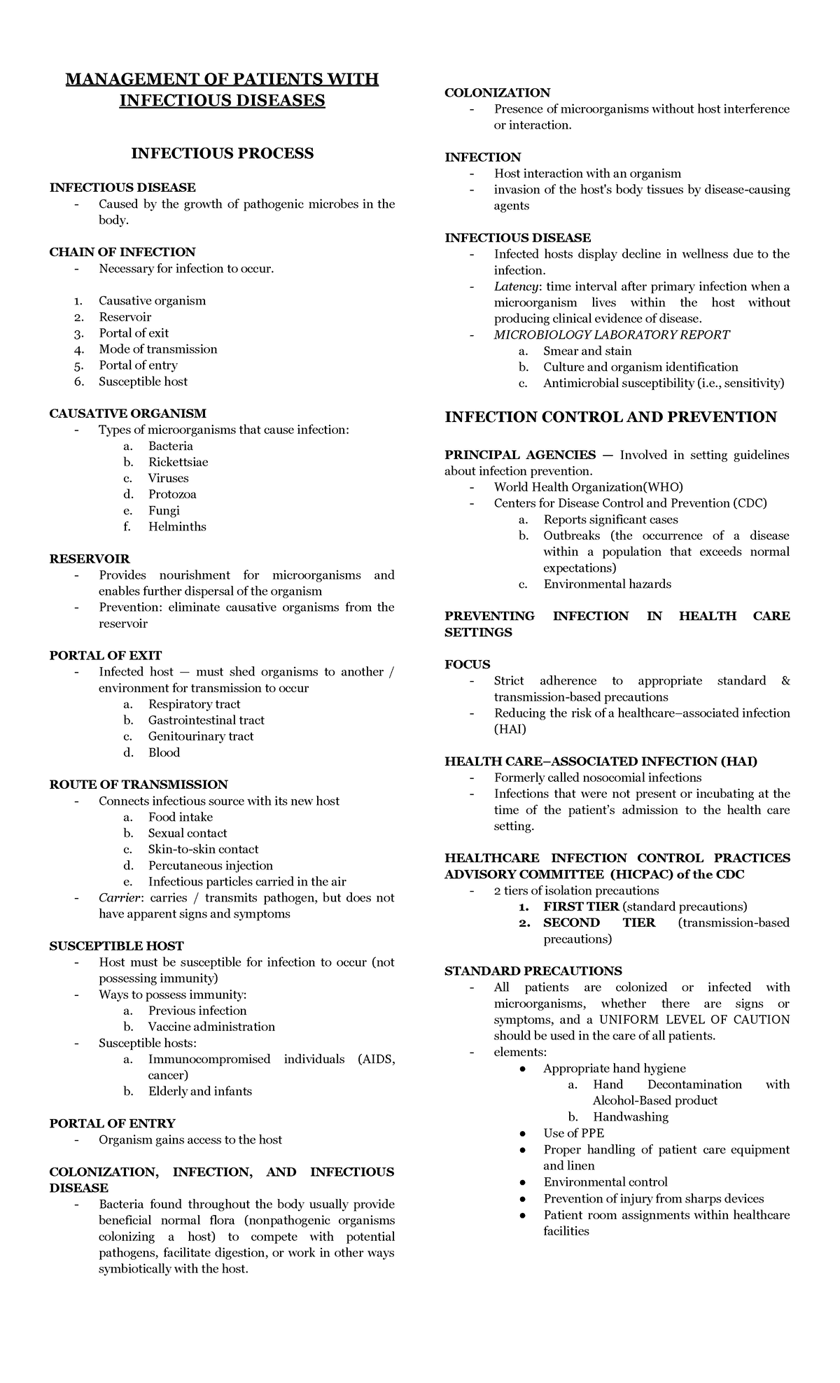 Med Surg - Management of Infectious Diseases and Infection Control ...