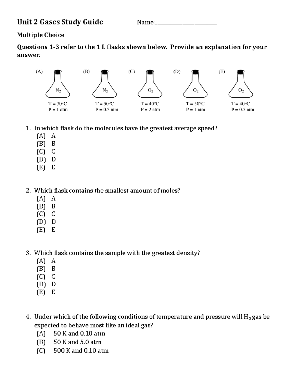 Unit 2 Gases - Multiple Choice Questions Study Guide - Studocu