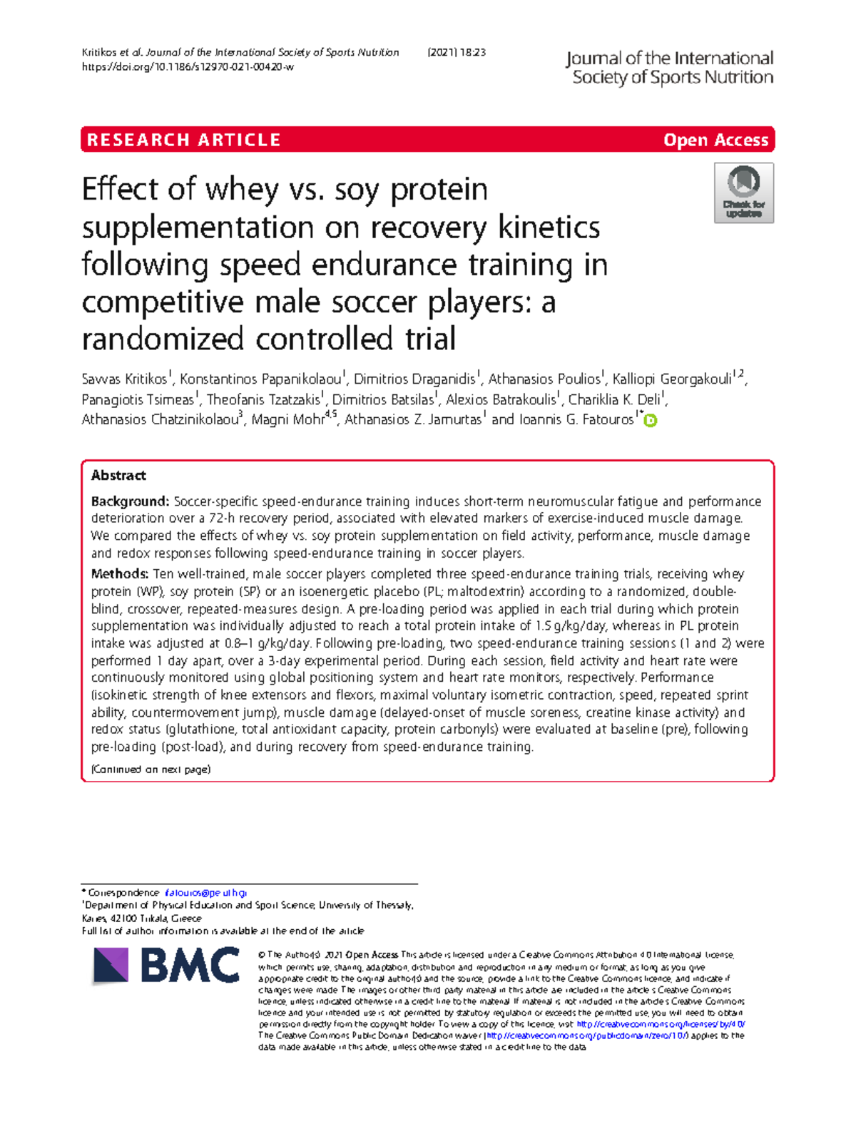 Effect of Whey vs. Soy Protein on Recovery in Soccer Players (PE 420 ...