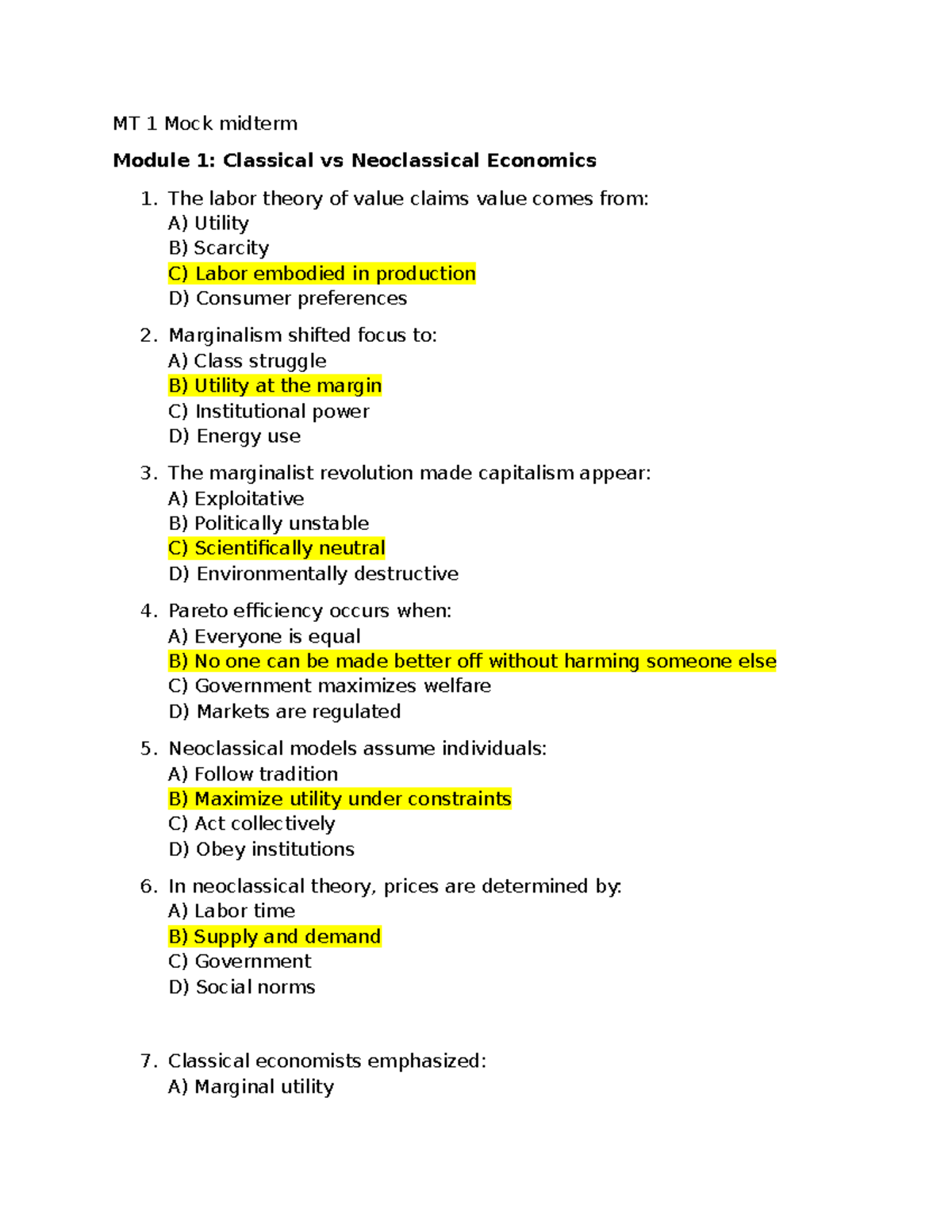 MT 1 Mock Midterm: Classical vs Neoclassical Economics Insights - Studocu