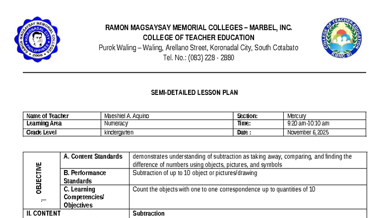 RAMON MAGSAYSAY MEMORIAL COLLEGES K12 Numeracy Lesson Plan for ...