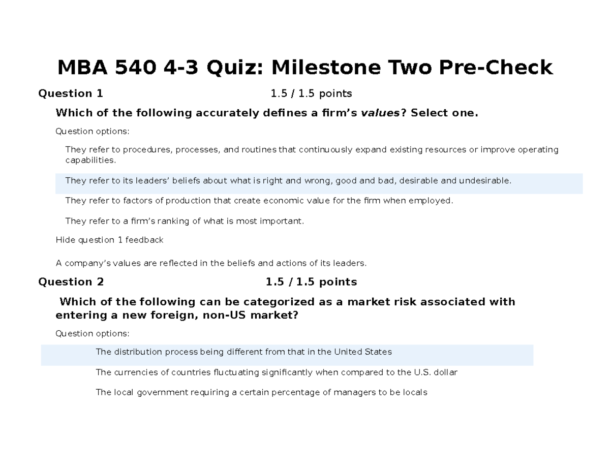 MBA 540 4-3 Quiz: Concepts of Values, Risks, and Organizational Culture ...