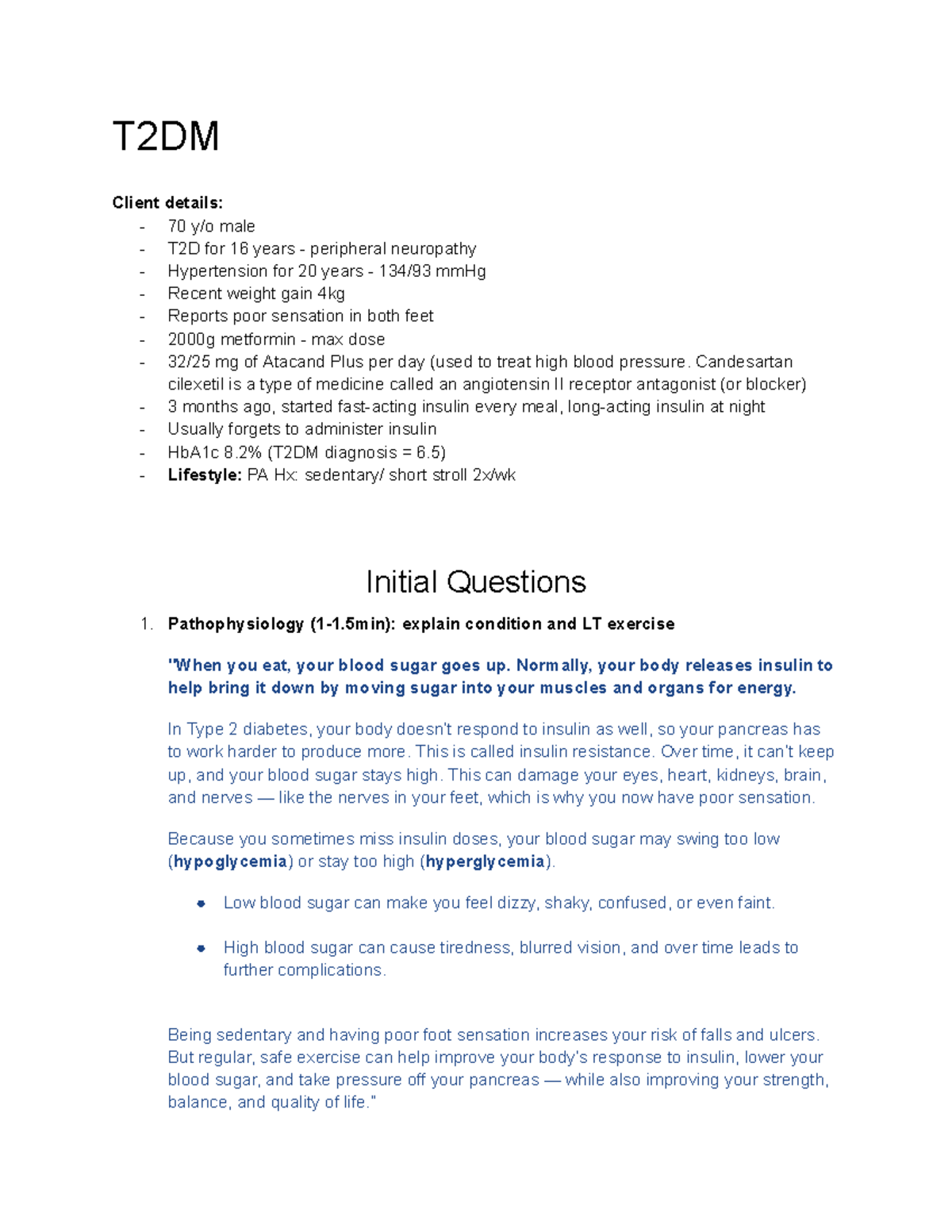 EXSS3070 OSCE Prep: T2DM Client Case Study & Exercise Management ...
