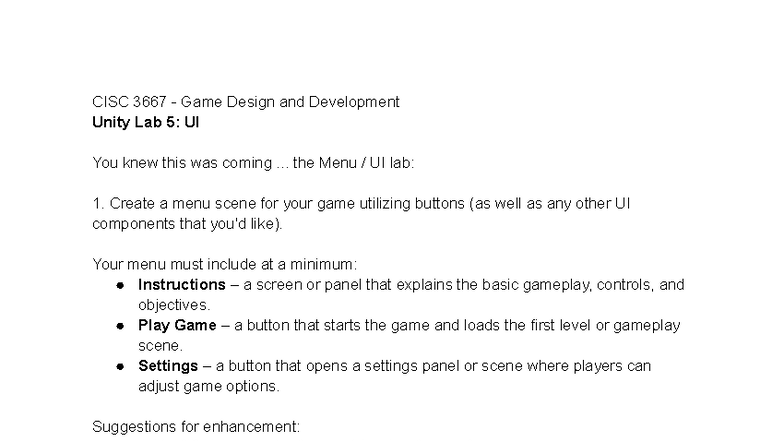 CISC 3667 Game Design Unity Lab 5: Creating a Menu UI - Studocu