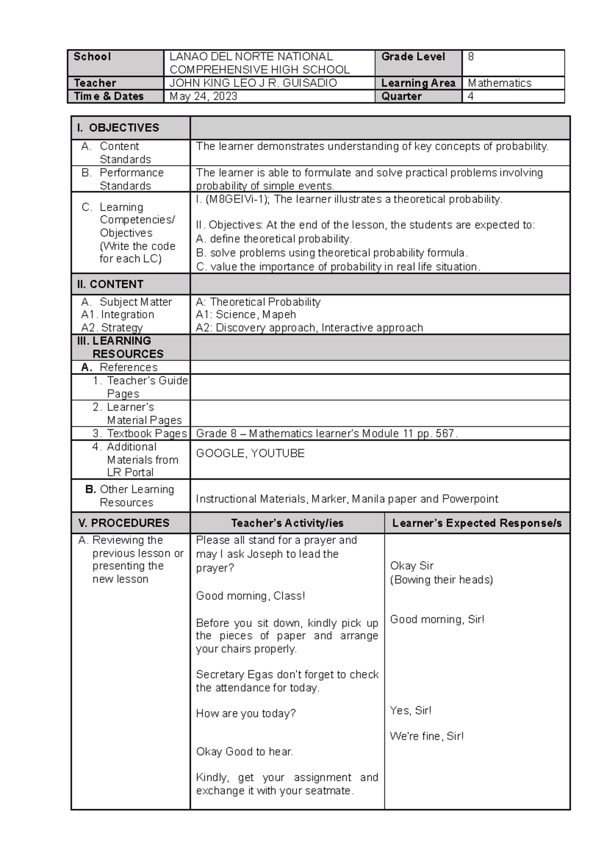 Mathematics Lesson Plan on Theoretical Probability (Grade 8) - Studocu