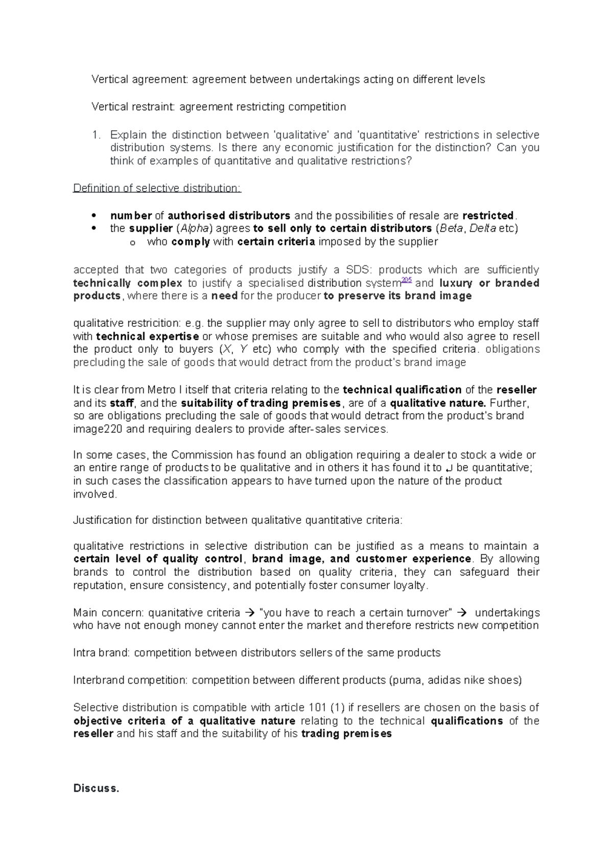 Tutorial 21 - Vertical Agreements and Selective Distribution Notes ...