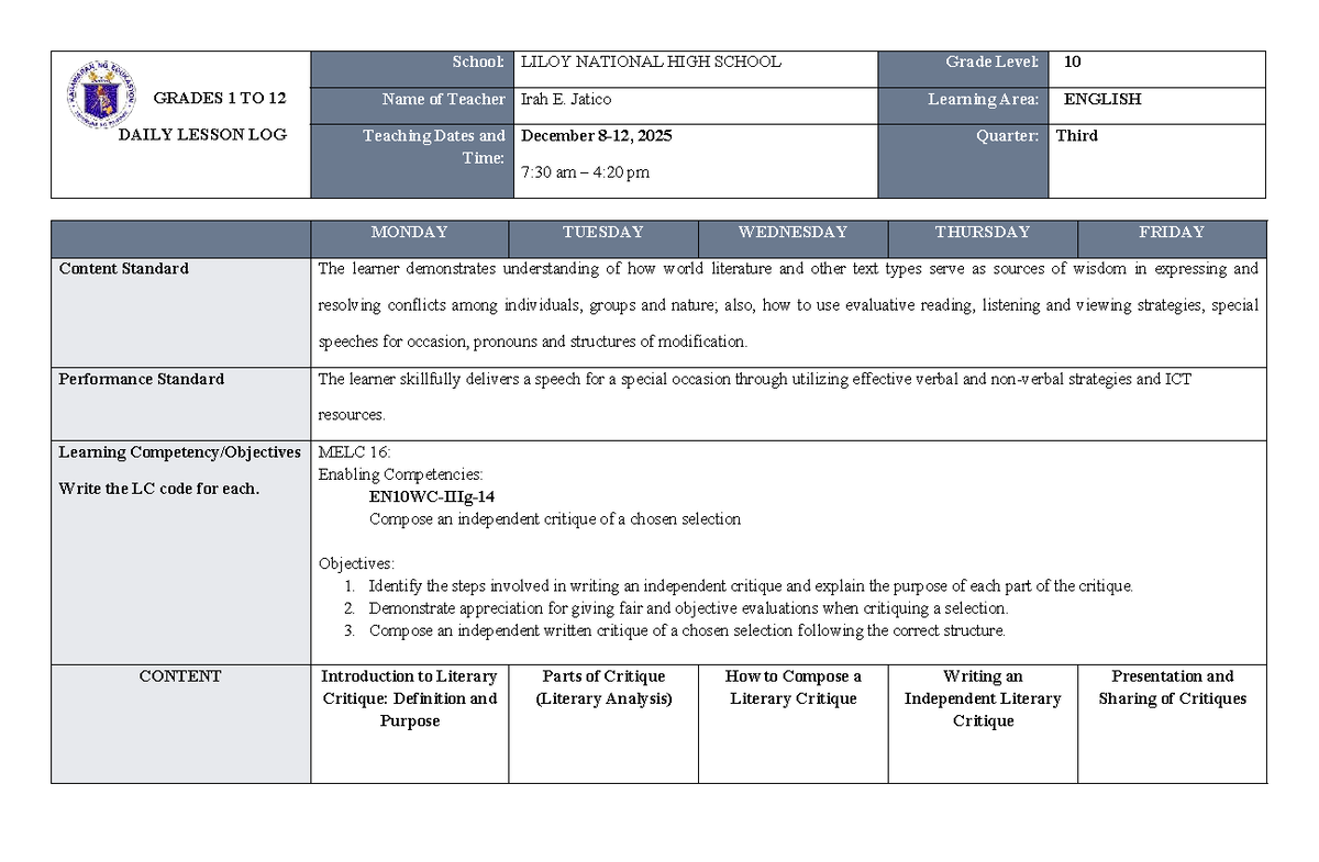 DLL English 10 Q3 W4: Literary Critique Lesson Plan - Studocu