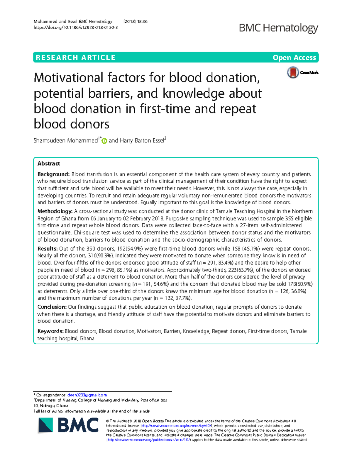 Motivational Factors and Barriers to Blood Donation: A Study at TTH ...