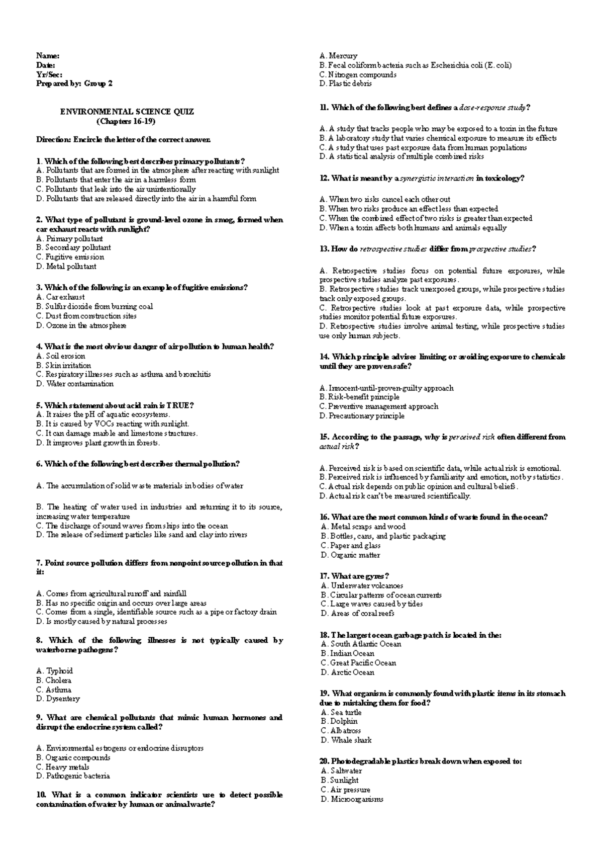 ENVIRONMENTAL SCIENCE QUIZ (Chapters 16-19) - Group 2 - Studocu