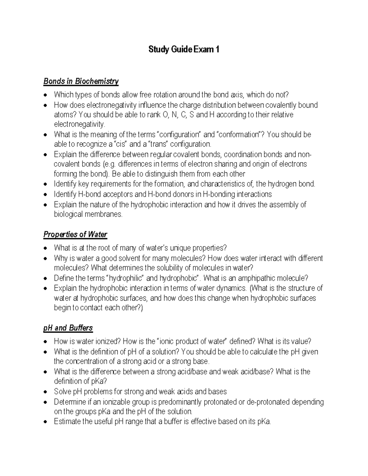 Biochemistry Study Guide: Exam 1 - Bonds, Water, Amino Acids & Proteins ...