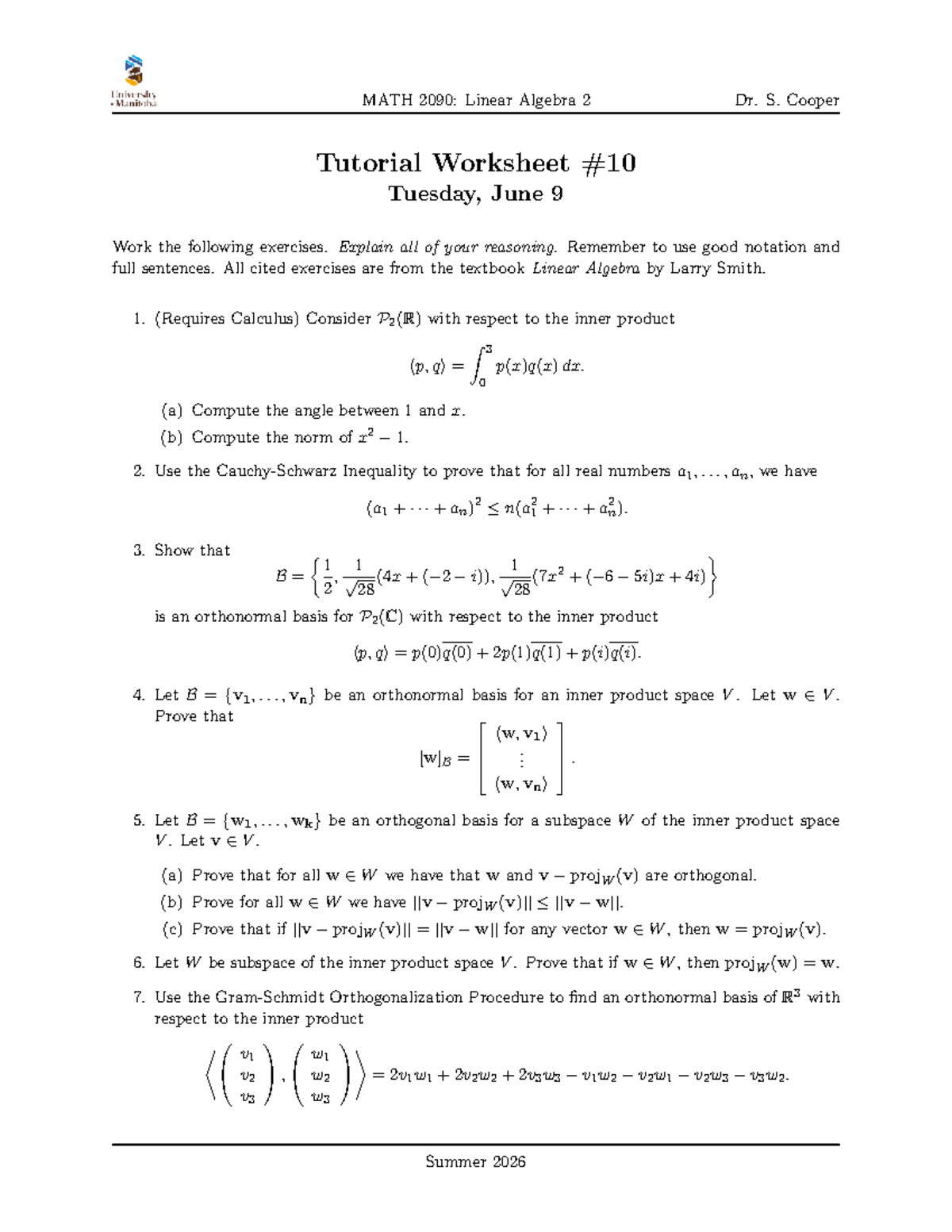 MATH 2090: Linear Algebra 2 Summer 2026 Tutorial Worksheet 10 - Studocu