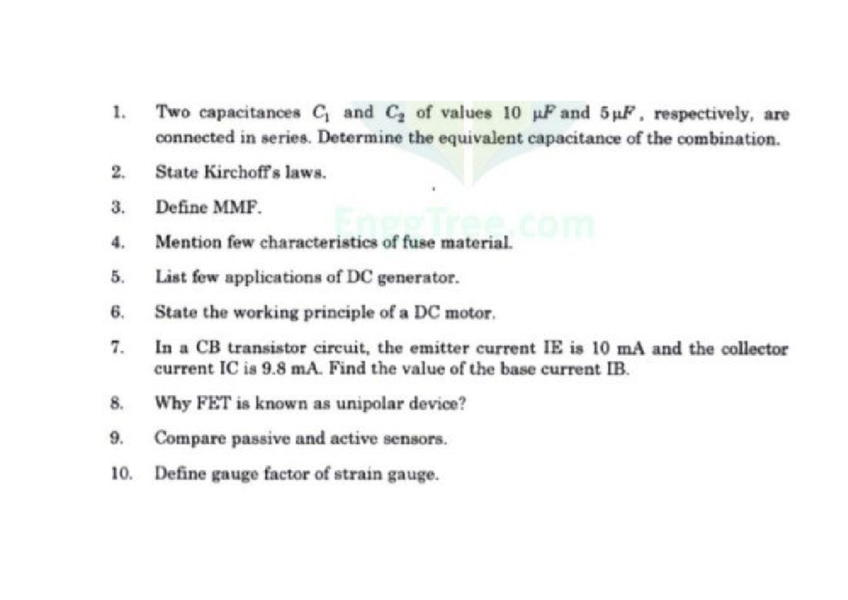 BEEI 2 Marks - Question Paper on Electrical Engineering Concepts - Studocu