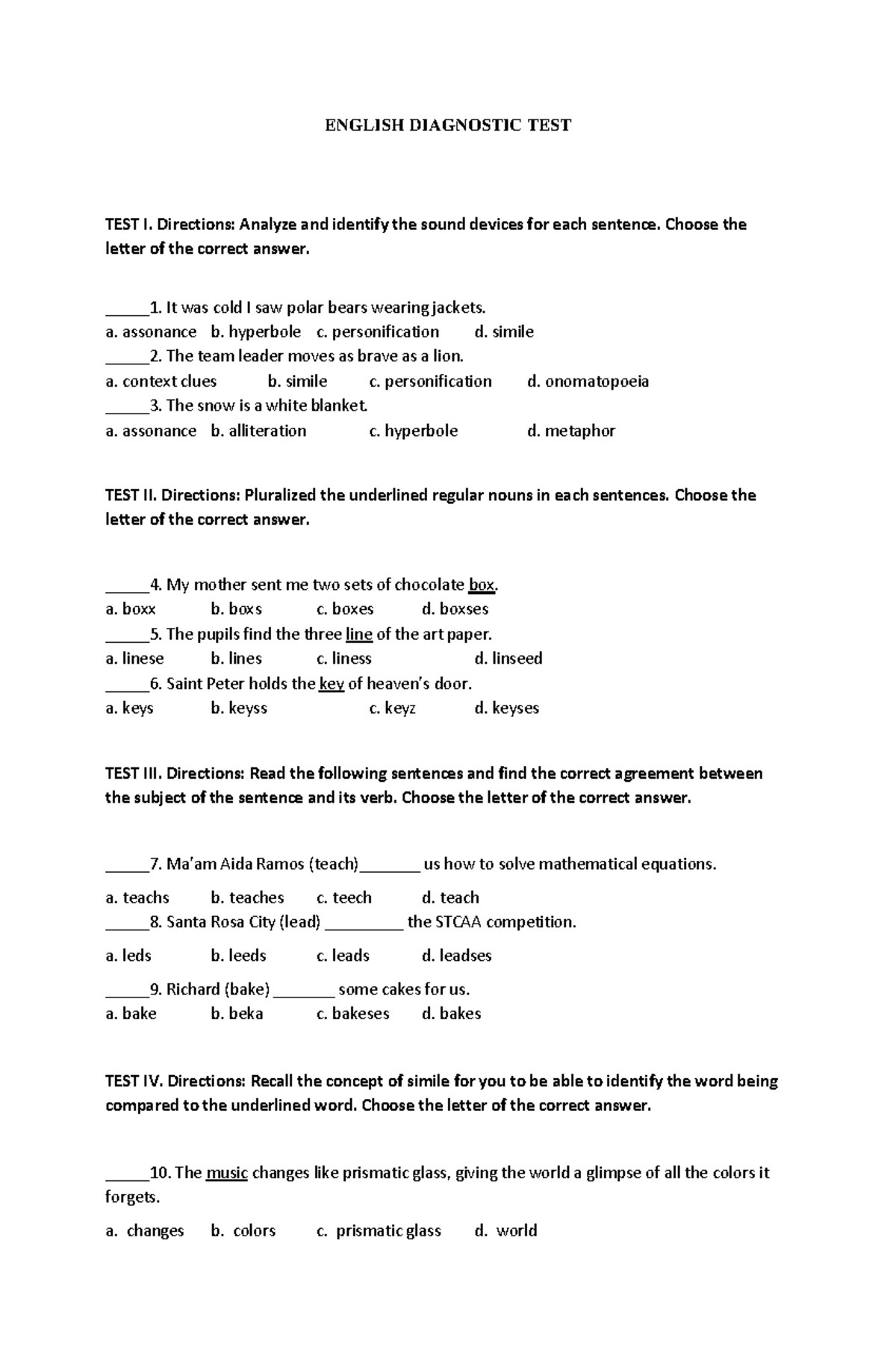 Janelle - English Diagnostic Test Guide: Sound Devices & Grammar Skills ...
