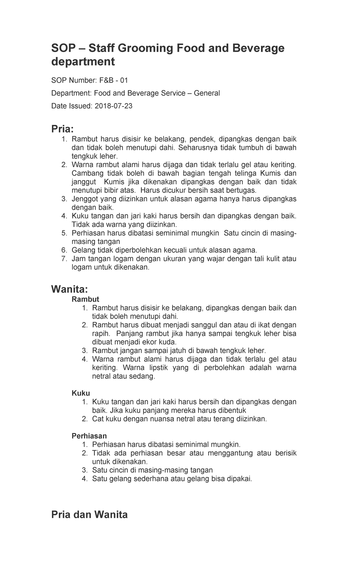 SOP F&B - Staff Grooming & Hygiene in Restaurant Services - Studocu