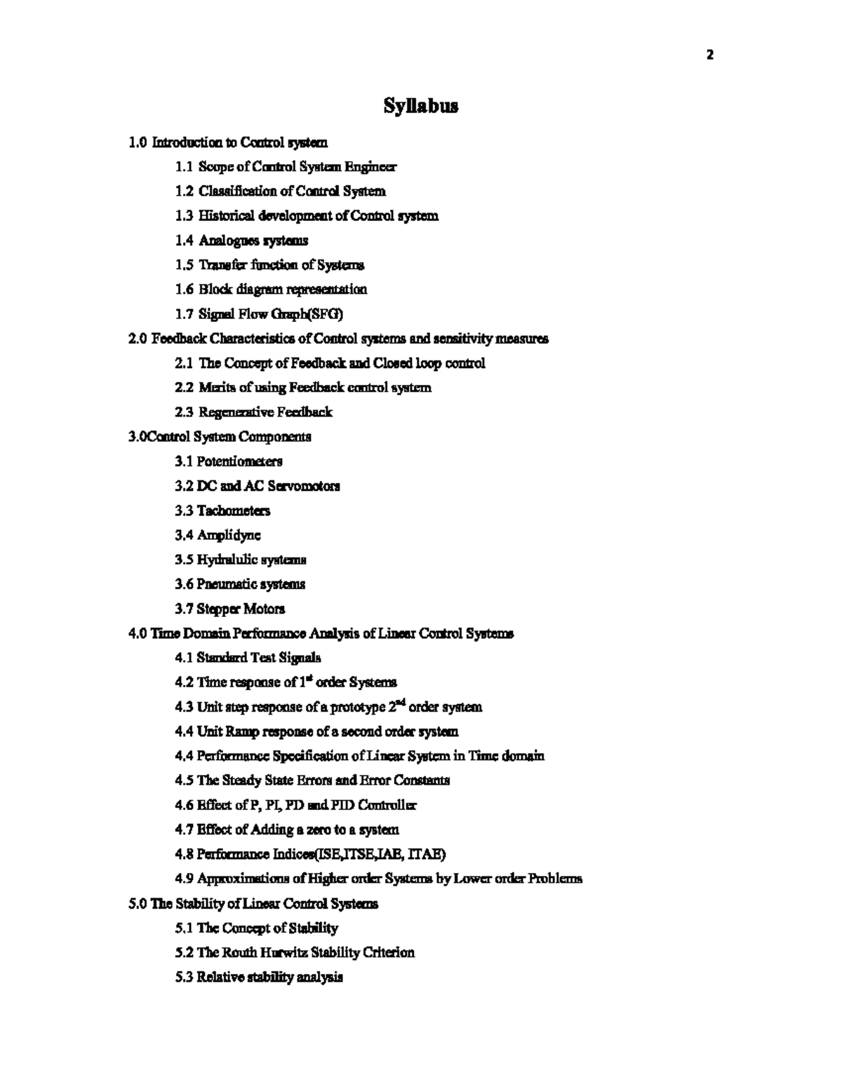 Control Systems Syllabus (Course Code: ECE 101) - Chapter 1 Overview ...