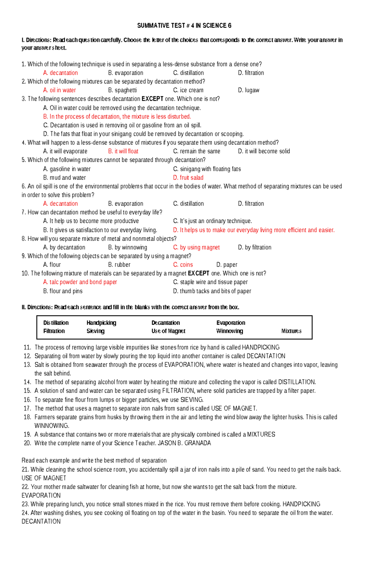 Science 6 ST4: Sample Summative Test on Separation Techniques - Studocu