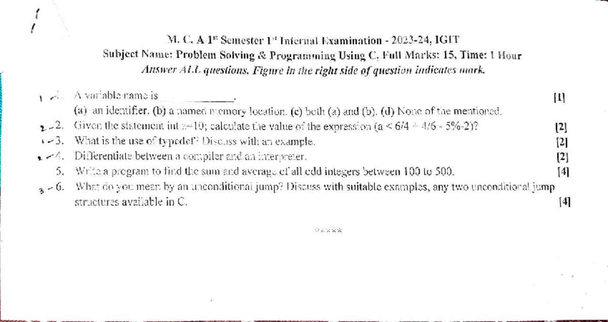 MCA 1st Semester Internal Exam 2023: Problem Solving Using C & Computer - Studocu