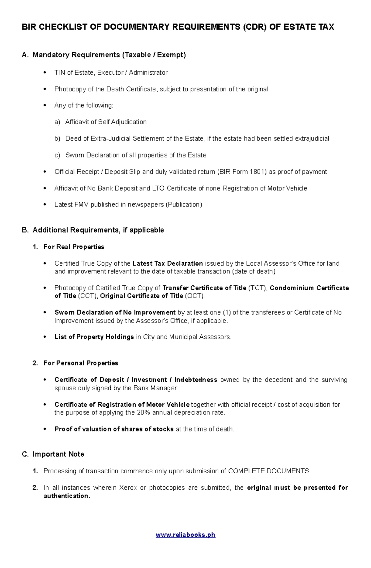 BIR Checklist of Documentary Requirements of Estate Tax - BIR CHECKLIST ...