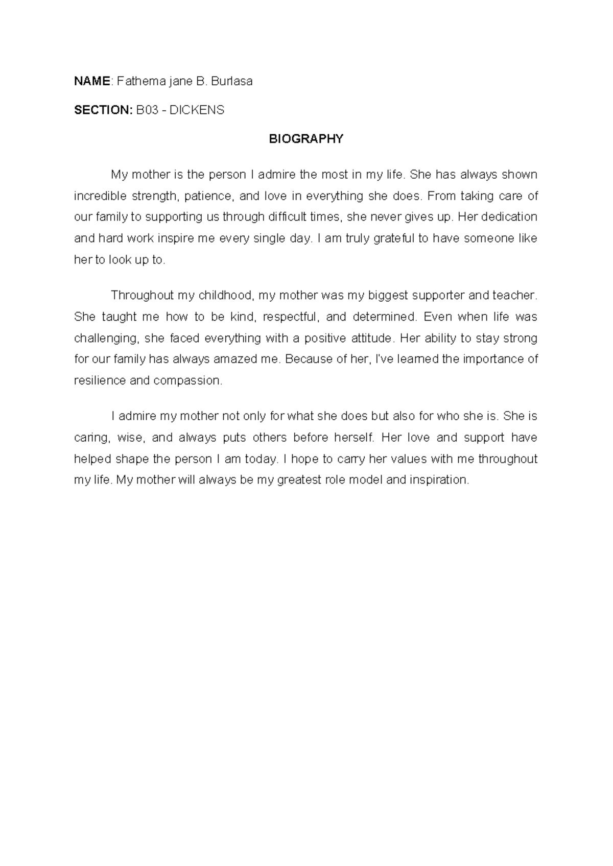 B03: Biography Essay - My Mother, My Role Model - Studocu