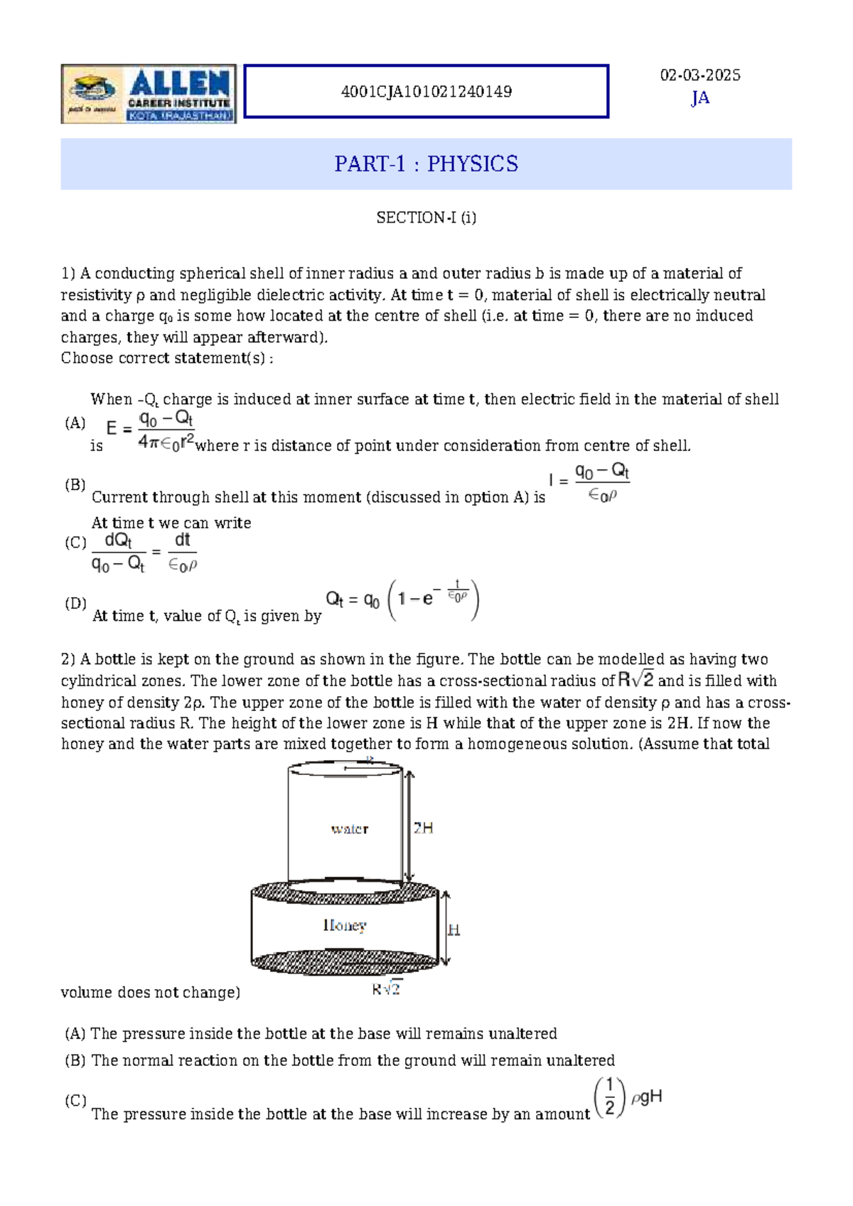 Physics 4001CJA101021240149: Spherical Shells and Fluid Dynamics - Studocu