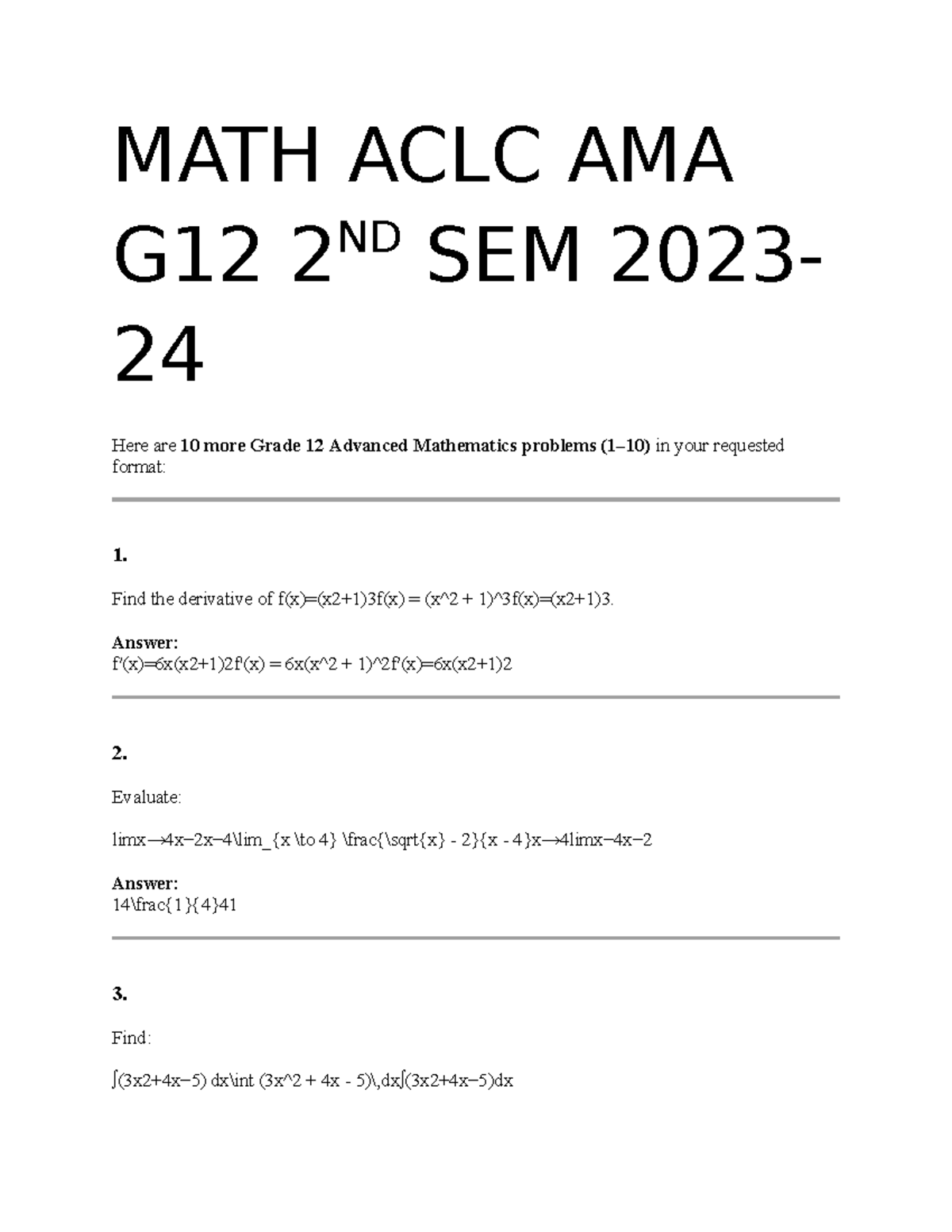 MATH ACLC AMA G12 2ND SEM 2024 Advanced Problems Set - Studocu