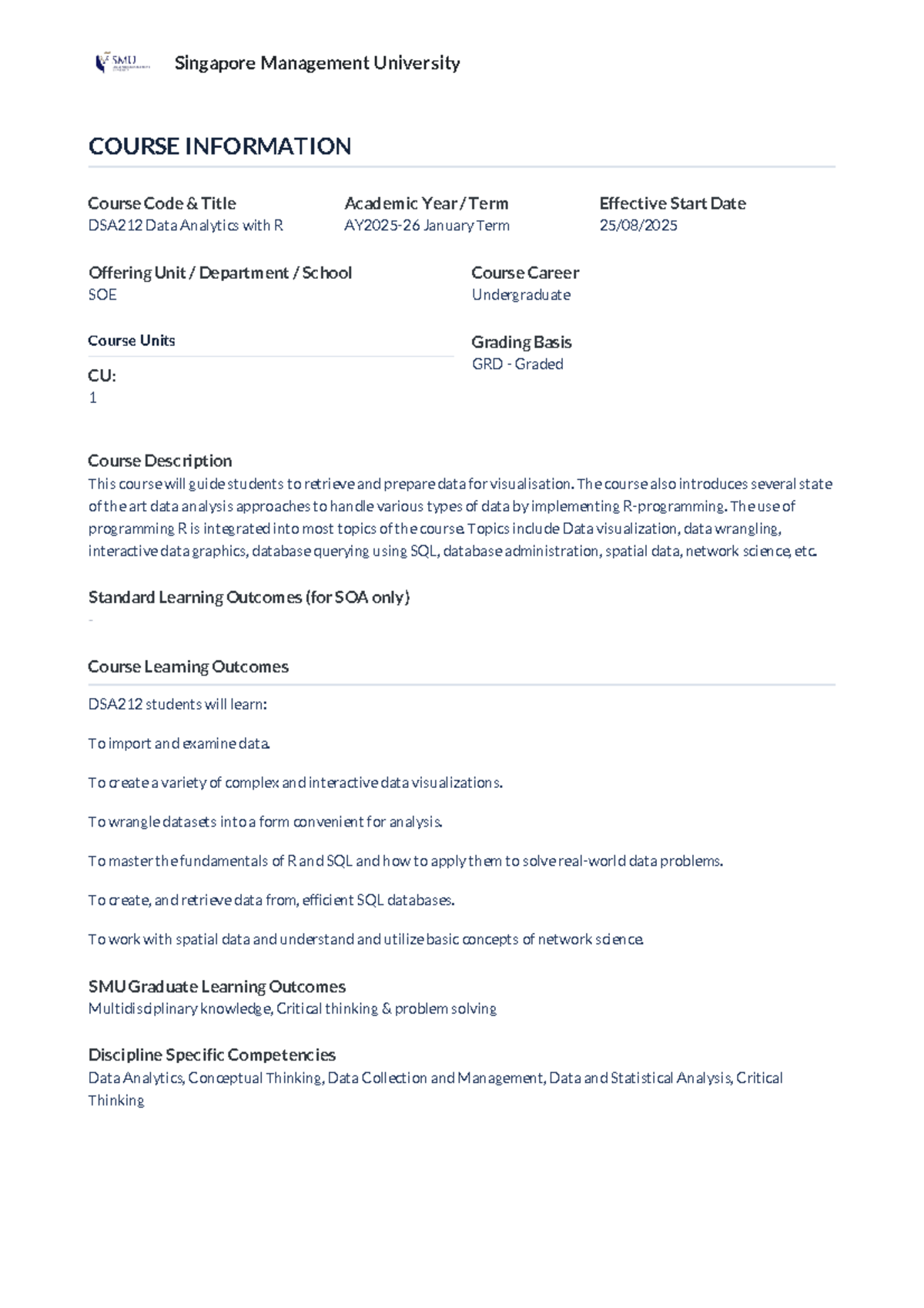 DSA212 Data Analytics with R: Course Overview and Assessment Details ...