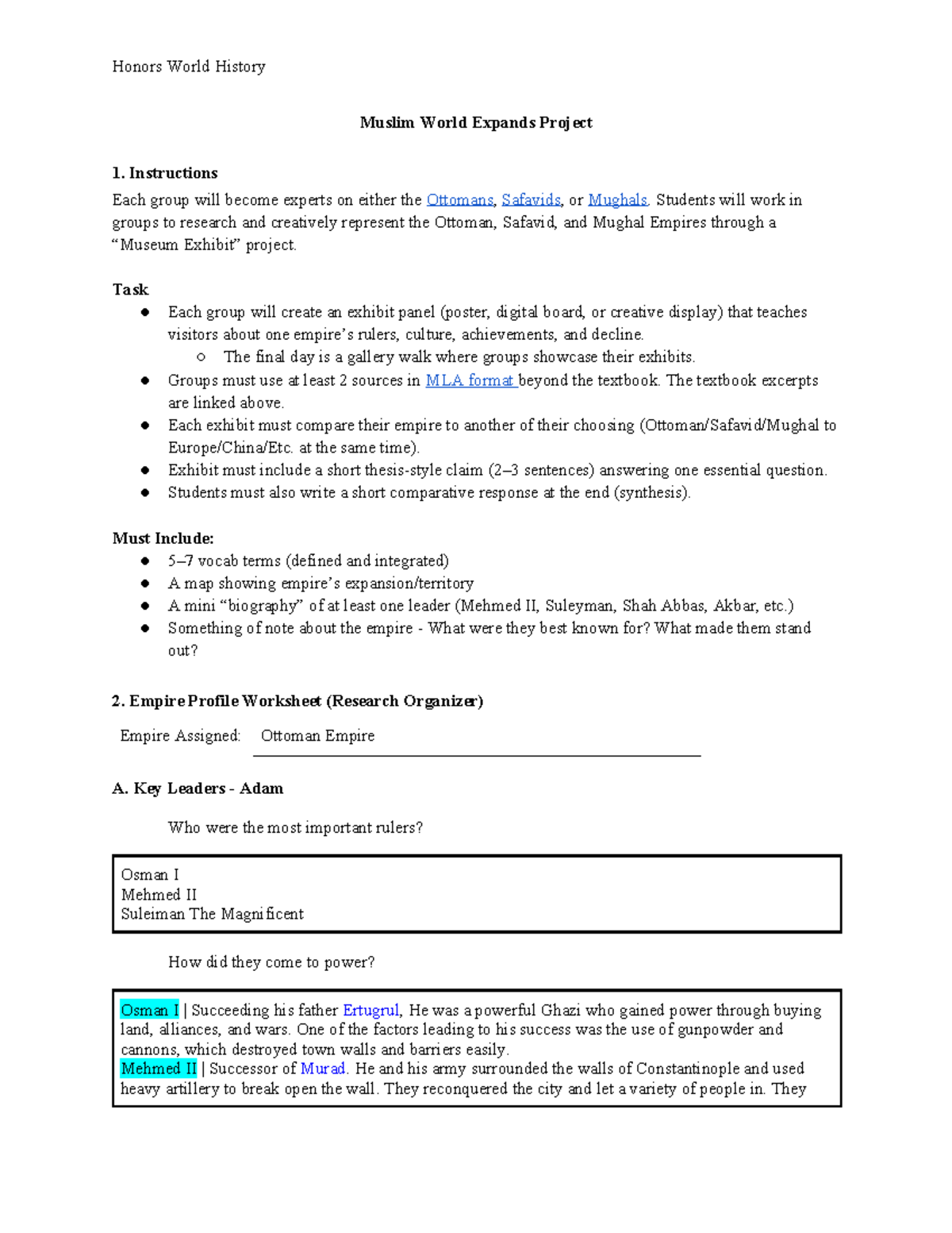 Honors World History: Muslim Empires Expansion Project Overview - Studocu