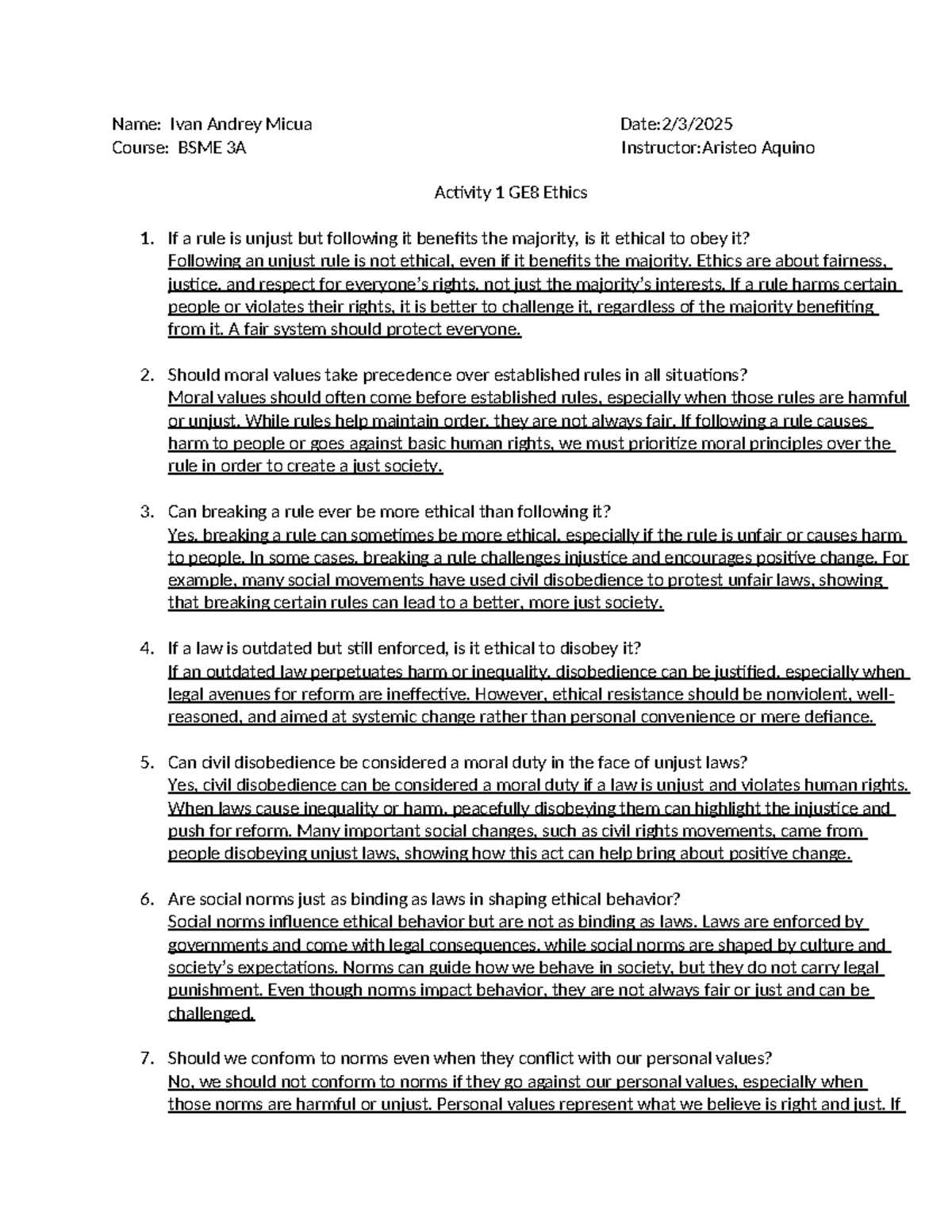 Ivan Ethics - Name: Ivan Andrey Micua Date:2/3/ Course: BSME 3A ...