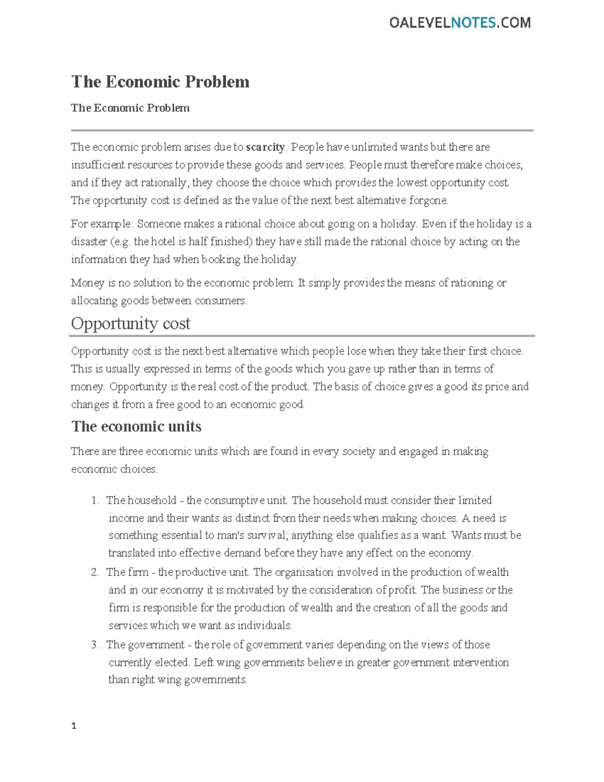 A Level Economics Revision Notes: Understanding the Economic Problem ...