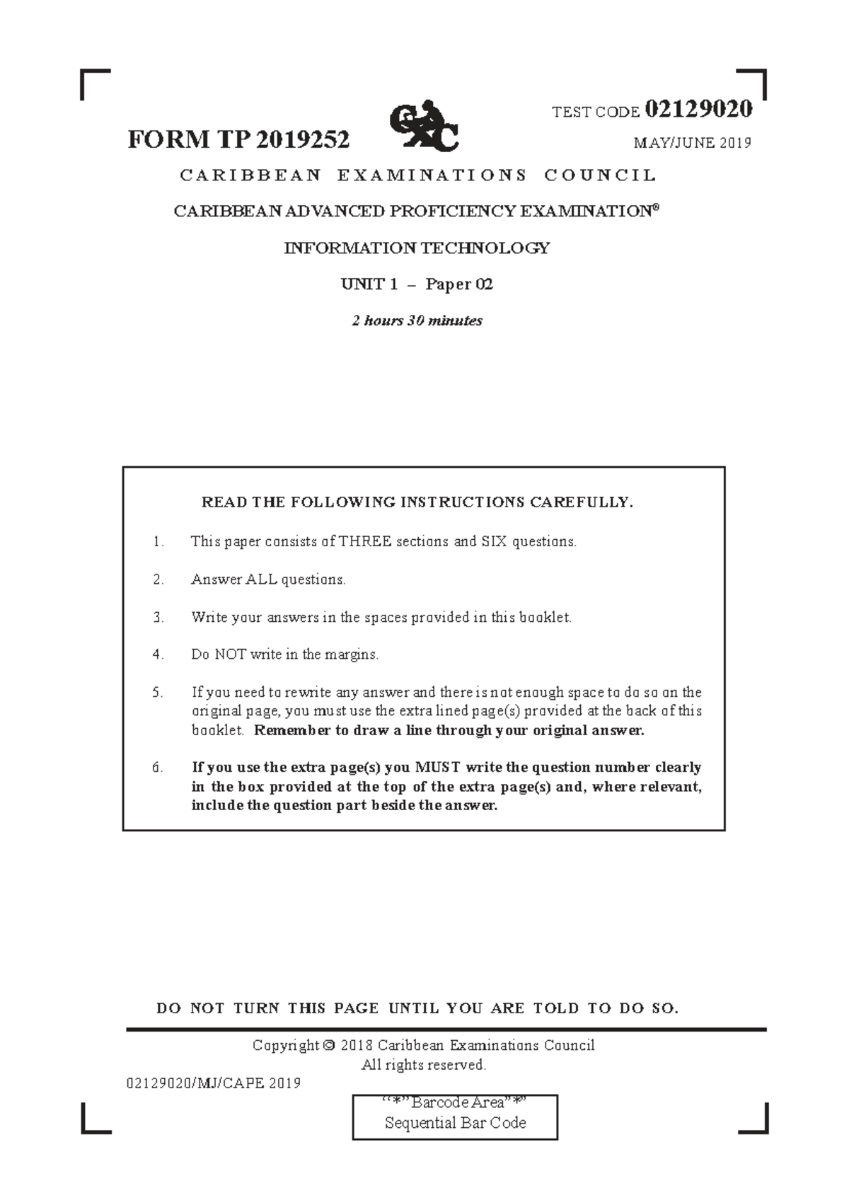 CAPE Information Technology Unit 1 Paper 02 Exam 2019 - Studocu