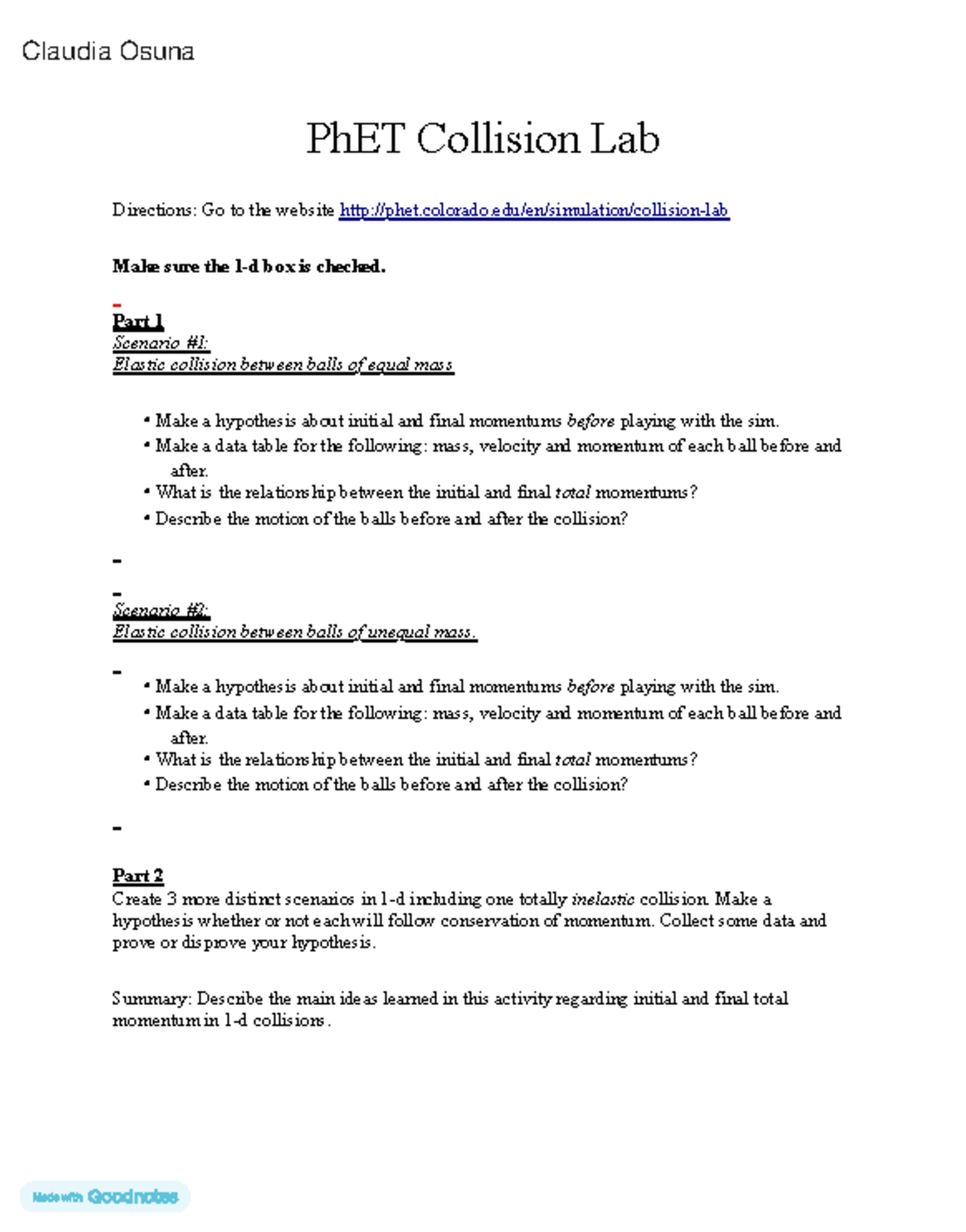 Collision Lab Directions: Exploring Momentum in Elastic and Inelastic ...