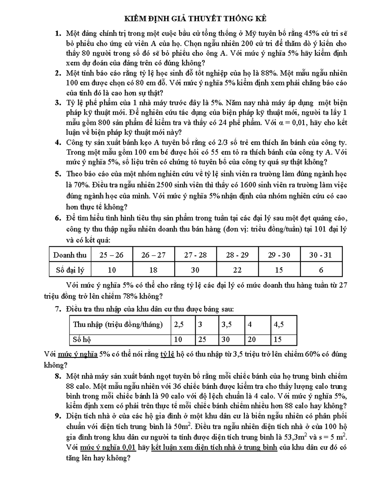 BÀI TẬP KIỂM ĐỊNH GTTK - tham khảo - KIỂM ĐỊNH GIẢ THUYẾT THỐNG KÊ Một ...