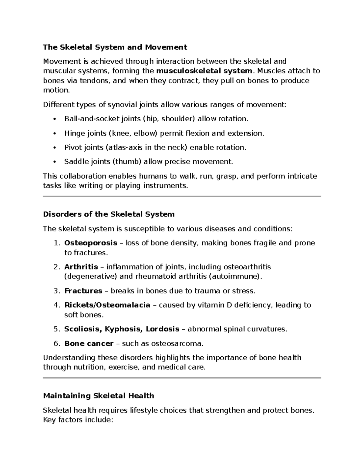 The Skeletal System and Movement: Health, Disorders, and Care - Studocu