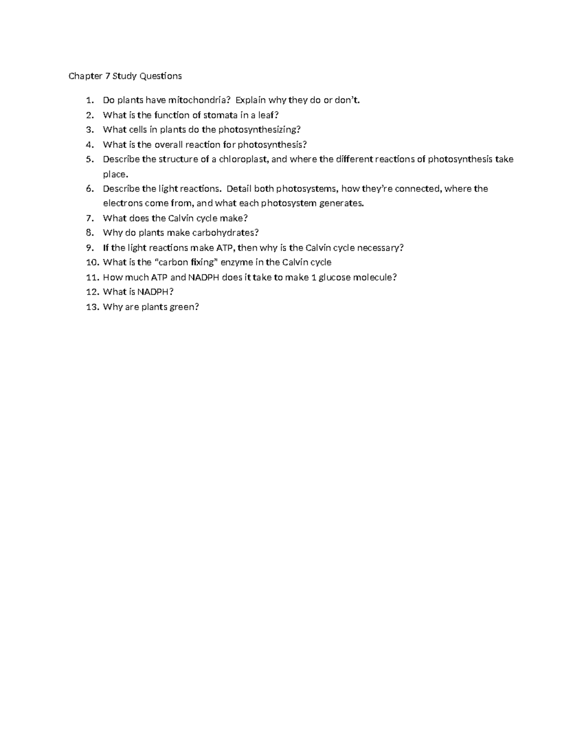 BIOL101 Chapter 7 Study Questions & Key Concepts on Photosynthesis ...