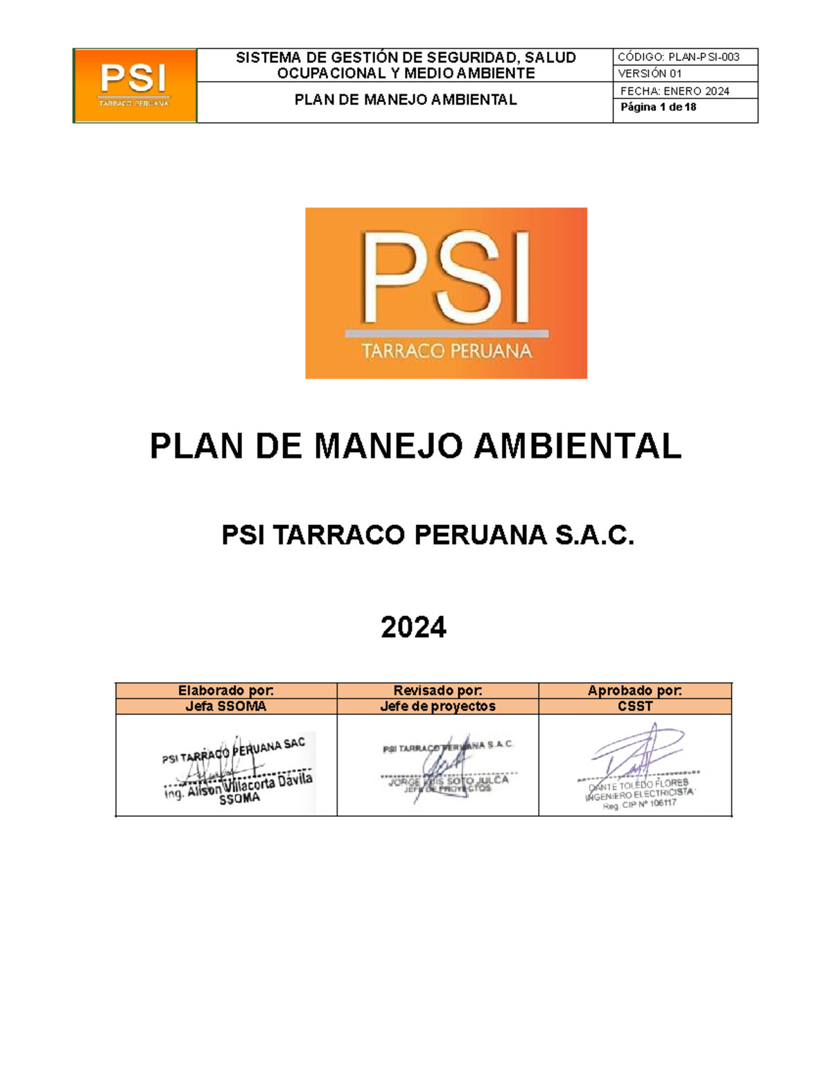 PLAN-PSI-003 PLAN DE Manejo Ambiental 2024 - SISTEMA DE GESTIÓN DE ...
