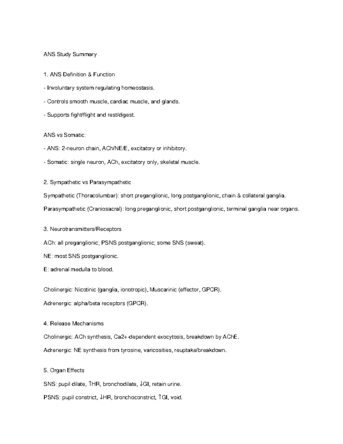 ANS Summary: Understanding the Autonomic Nervous System Functions - Studocu