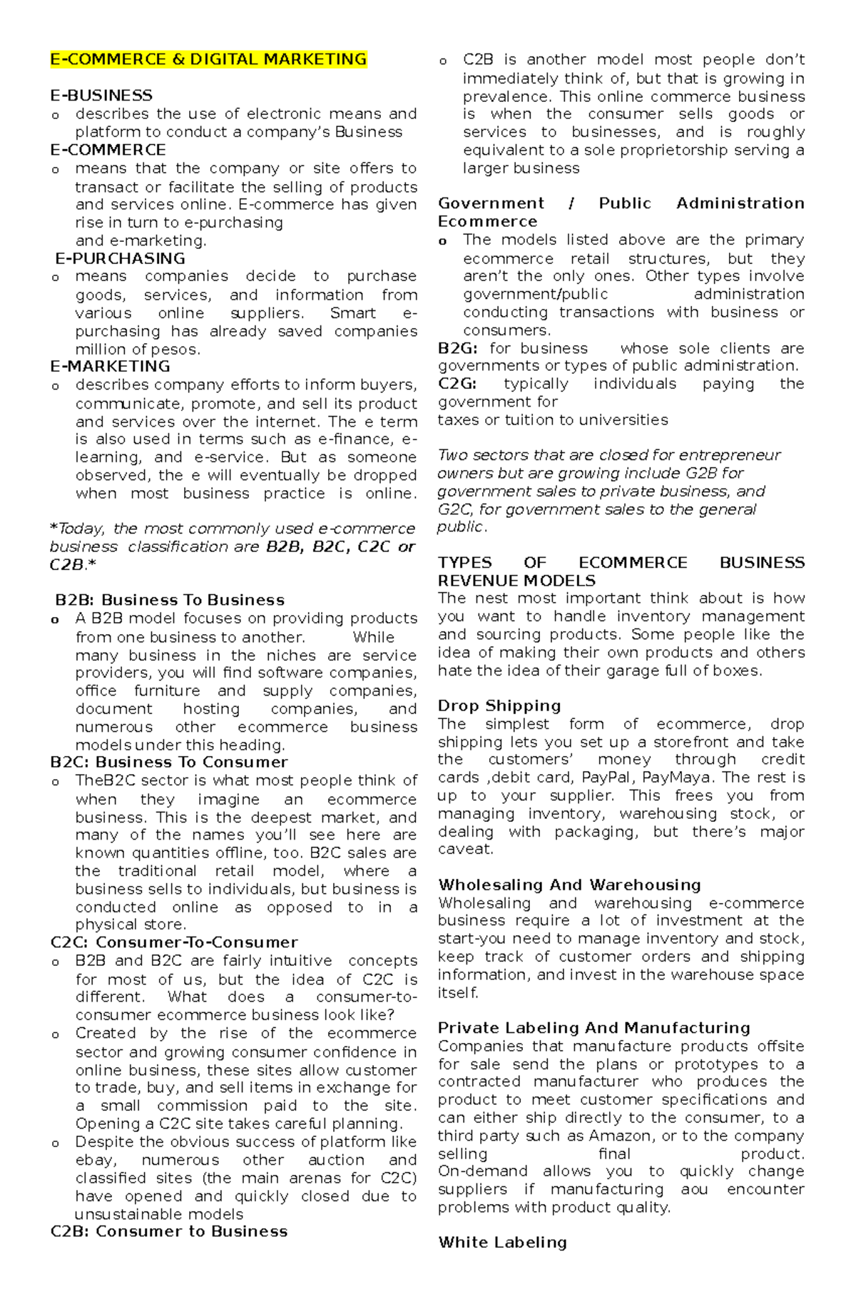 Ecommerce - ge elec2 technopreneurship - E-COMMERCE & DIGITAL MARKETING E-BUSINESS o describes ...