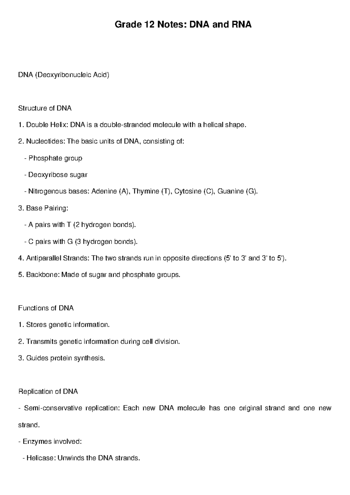Grade 12 Biology: Comprehensive Notes on DNA and RNA - Studocu