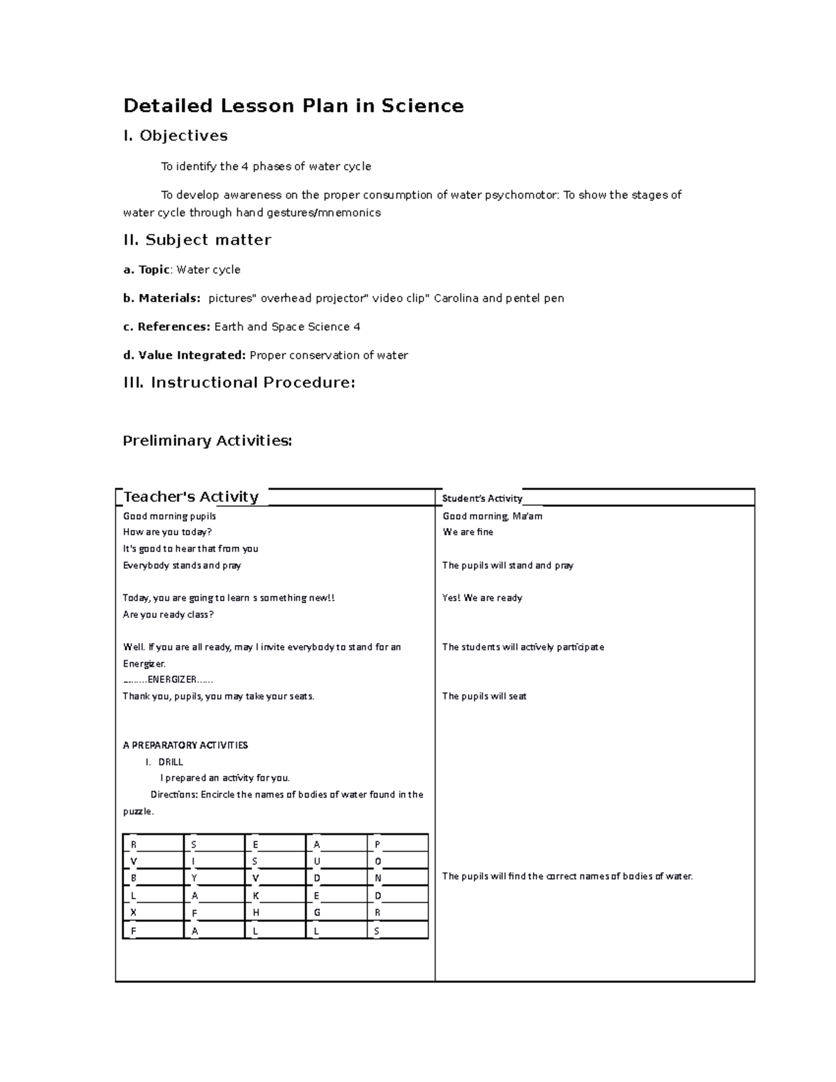 Water Cycle Lesson Plan for Grade 4 Science (DLL) - Studocu