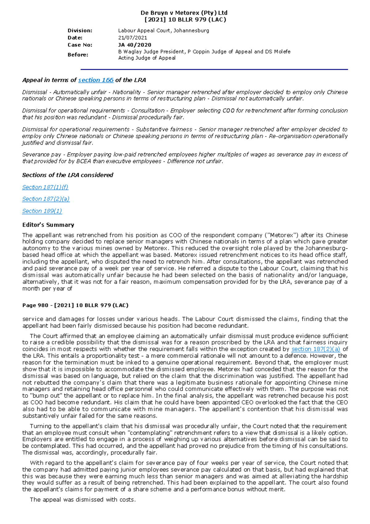 De Bruyn v Metorex (Pty) Ltd [2021] 10 BLLR 979 (LAC) - De Bruyn v Metorex (Pty) Ltd [2021] 10 ...