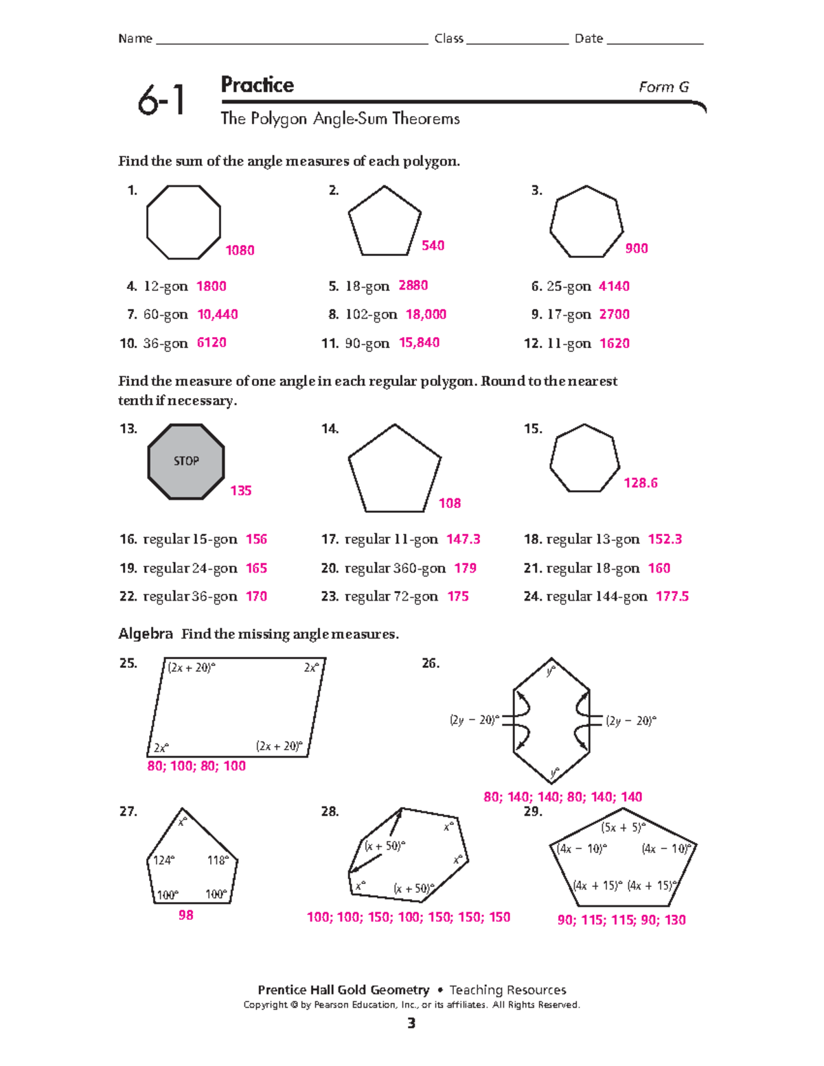 Ch6 Geometry Practice Packet Key - Polygon Angle-Sum Theorems - Studocu