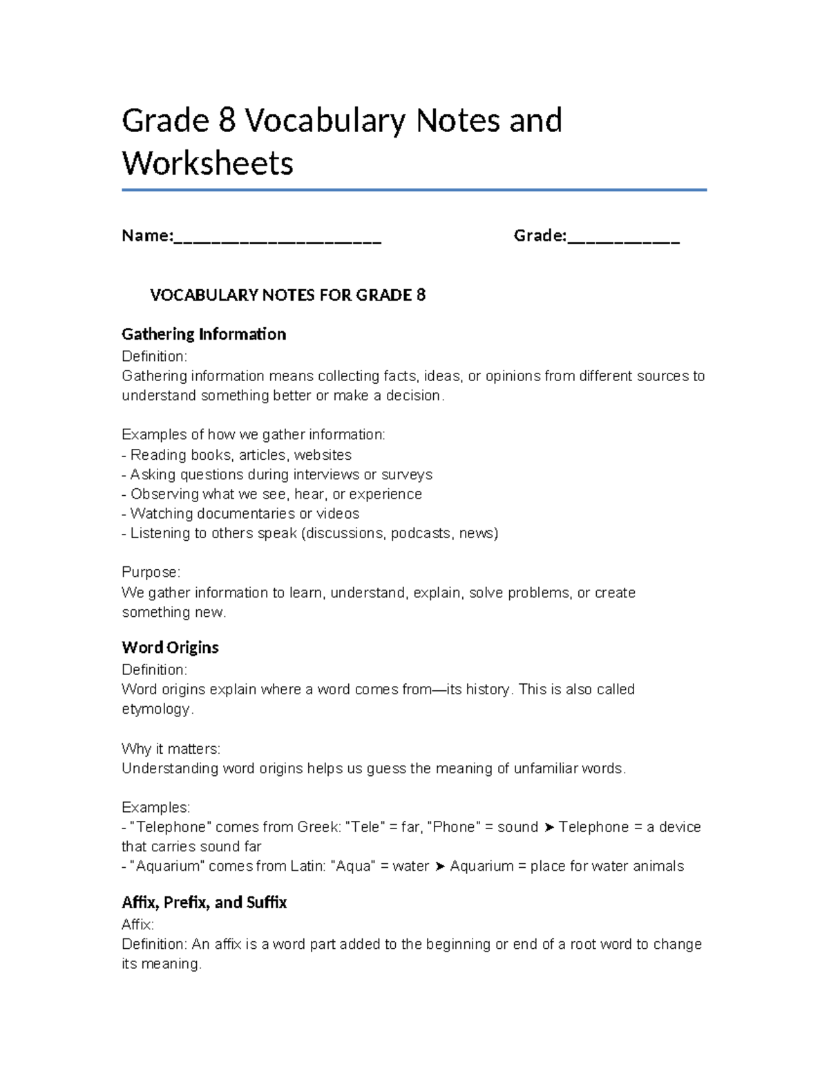 Grade 8 Vocabulary Notes & Worksheets: Gathering Info & Language Use ...