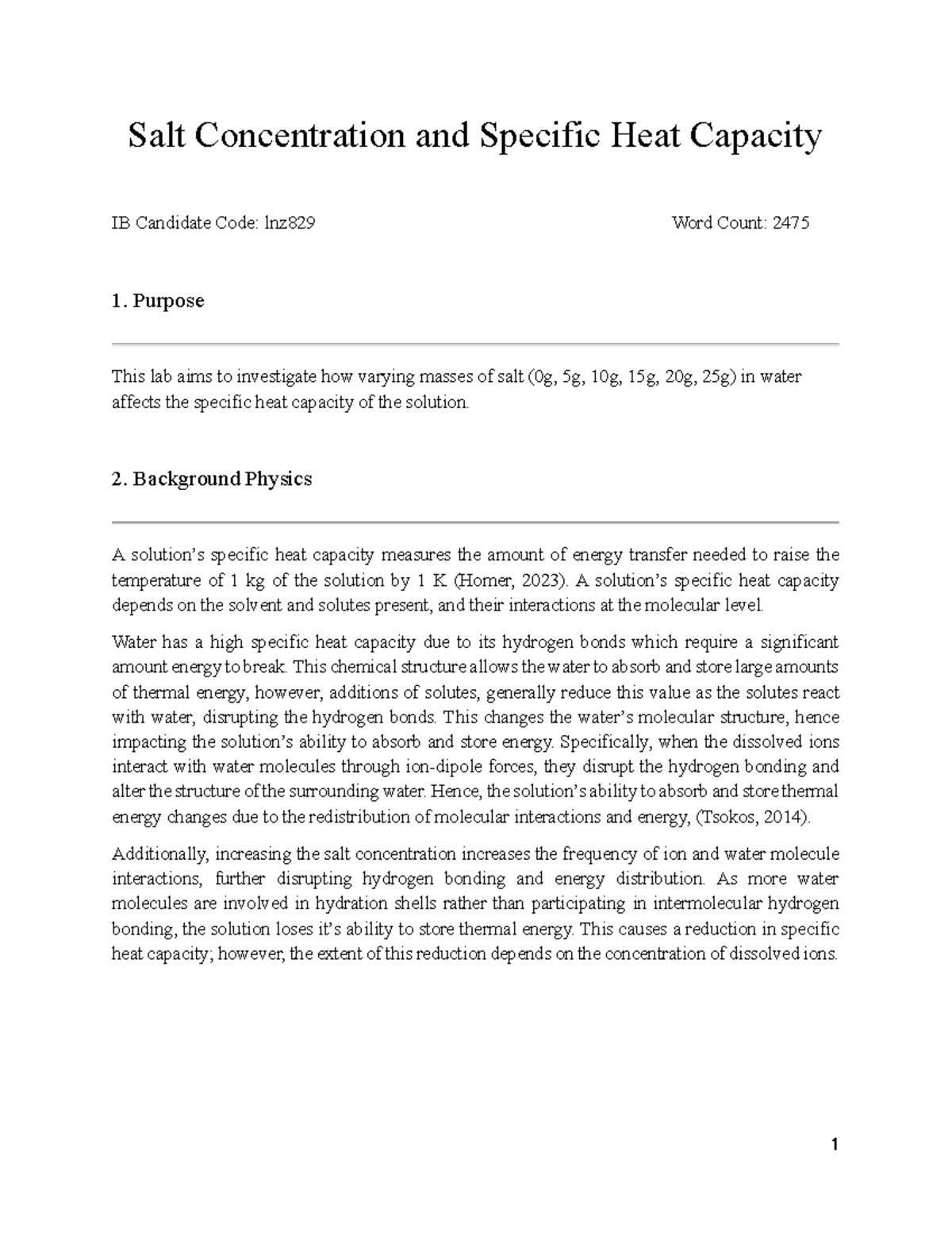 Specific Heat Capacity Lab Report: Salt Concentration Effects IB Code ...