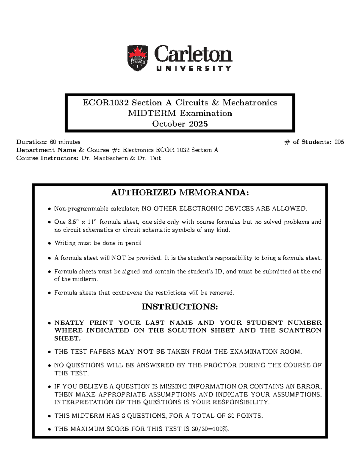 ECOR 1032 Section A Midterm Exam Fall 2025 - Circuits Mechatronics - Studocu